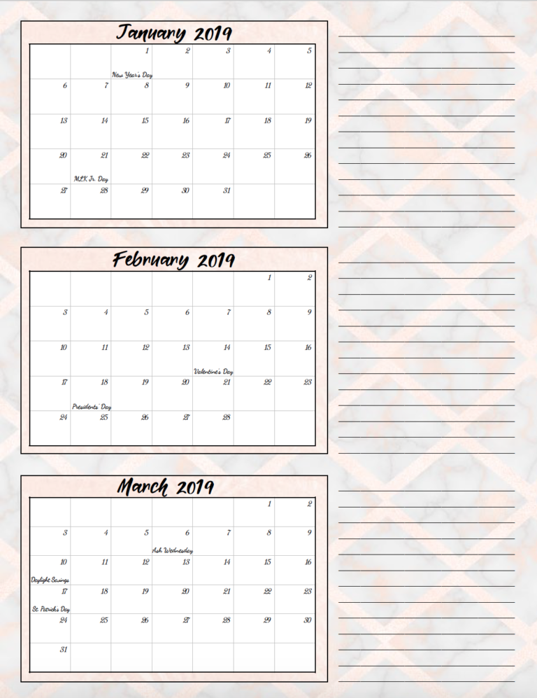 Free Printable 2019 Quarterly Calendars with Holidays: 3 Designs