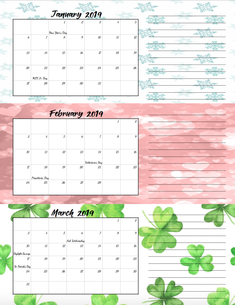 Free Printable 2019 Quarterly Calendars with Holidays: 3 Designs