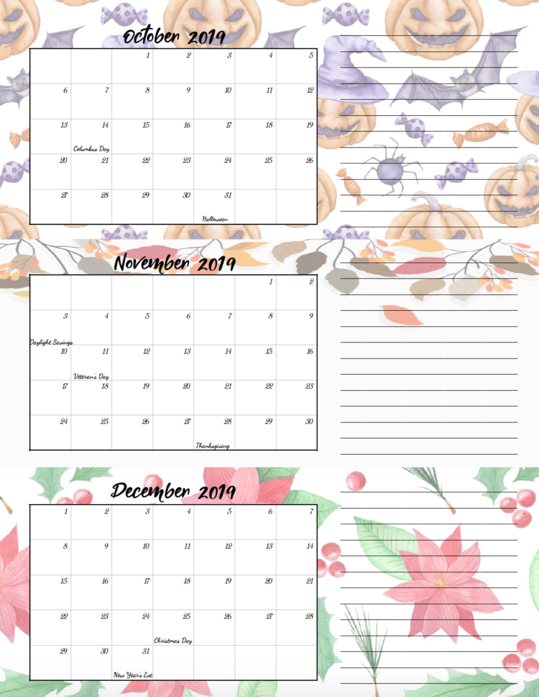Free Printable 2019 Quarterly Calendars with Holidays: 3 Designs