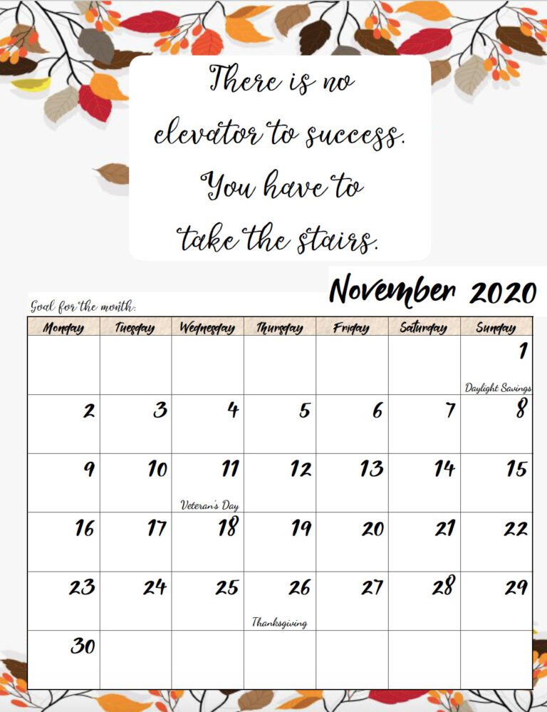 Free Printable 2020 Monday Start Monthly Motivational Calendar