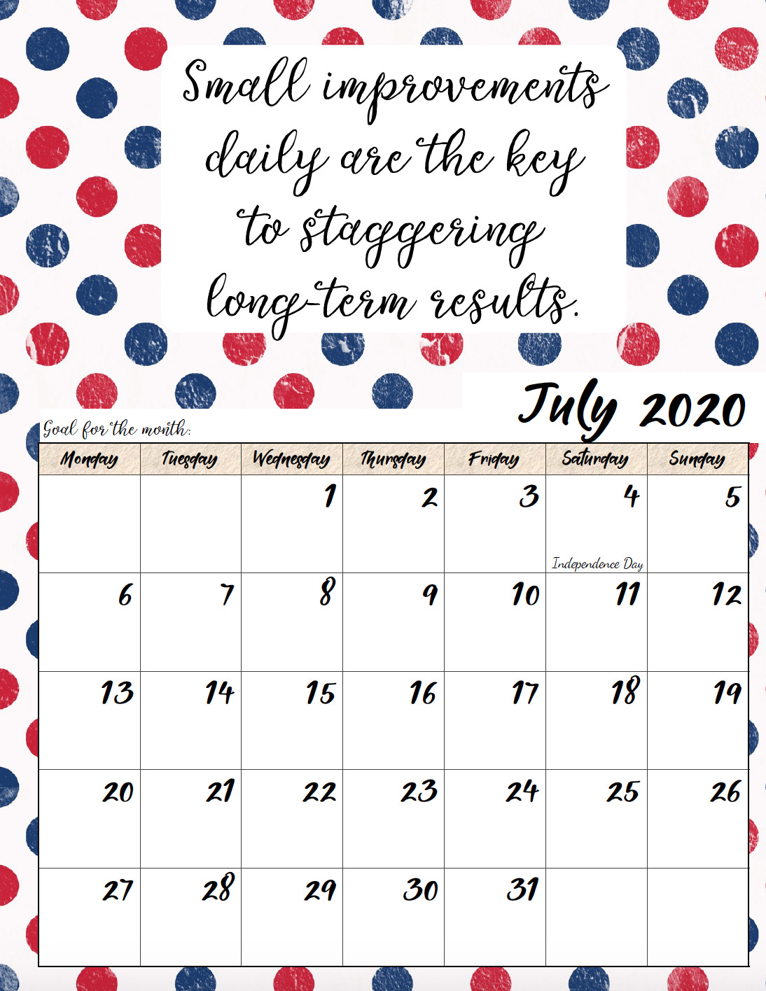 Free Printable 2020 Monday Start Monthly Motivational Calendar